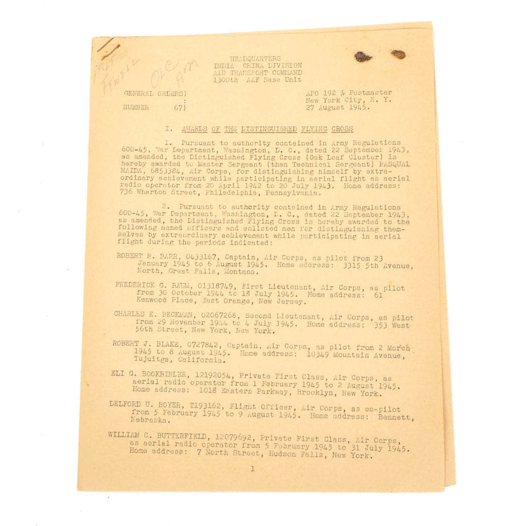 Original WWII U.S. Army Air Corps CBI Pilot Capt. Thomas E. Fewell Dis ...