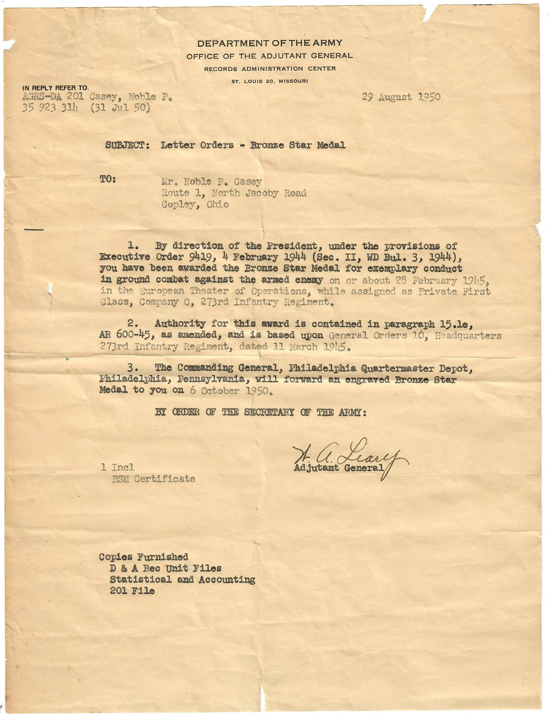 Original U.S. WWII Name Engraved Bronze Star (With Citation) Grouping ...