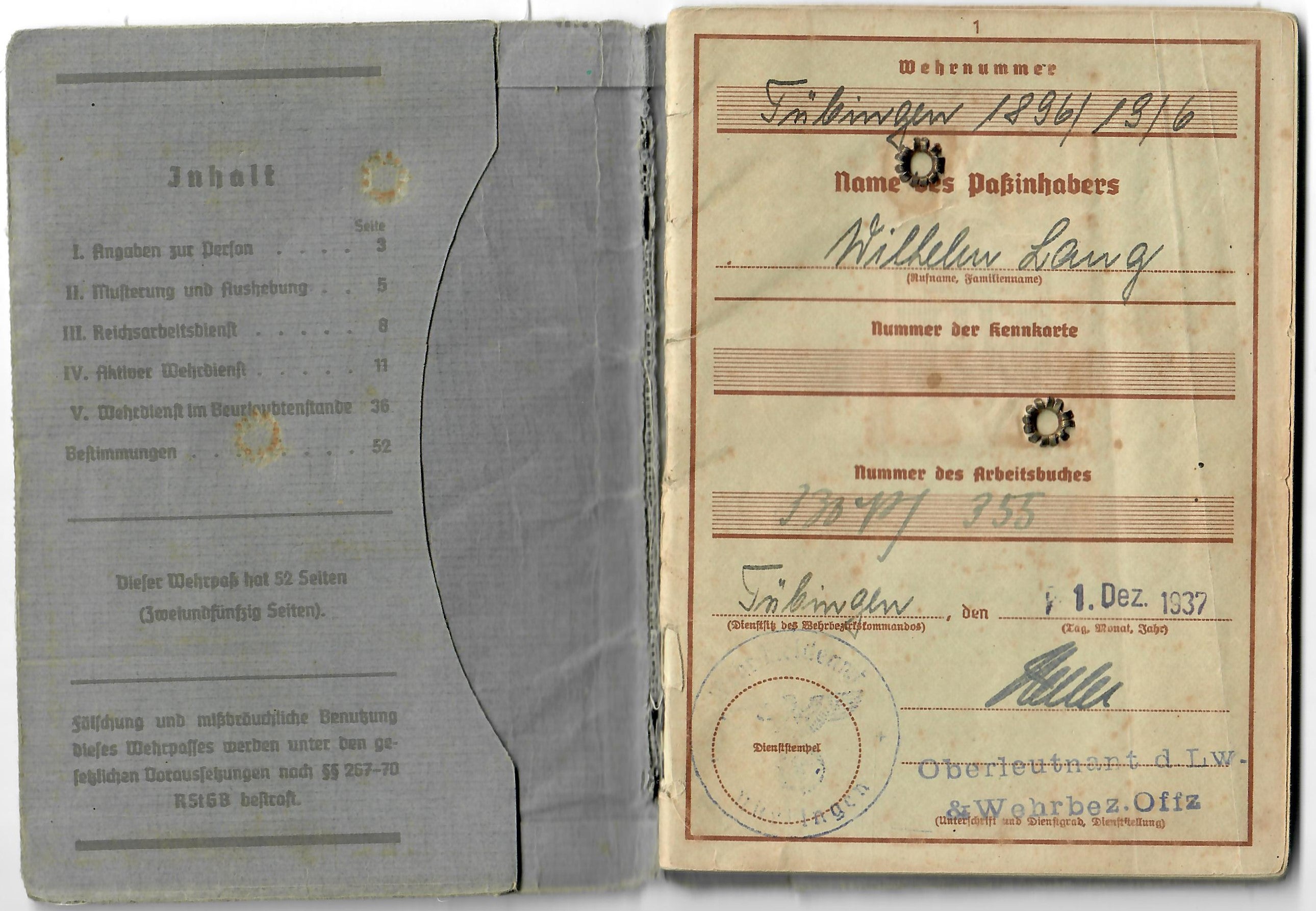 Original German WWII Wehrpaß Military ID of WWI Veteran & P.O.W. Gefre ...