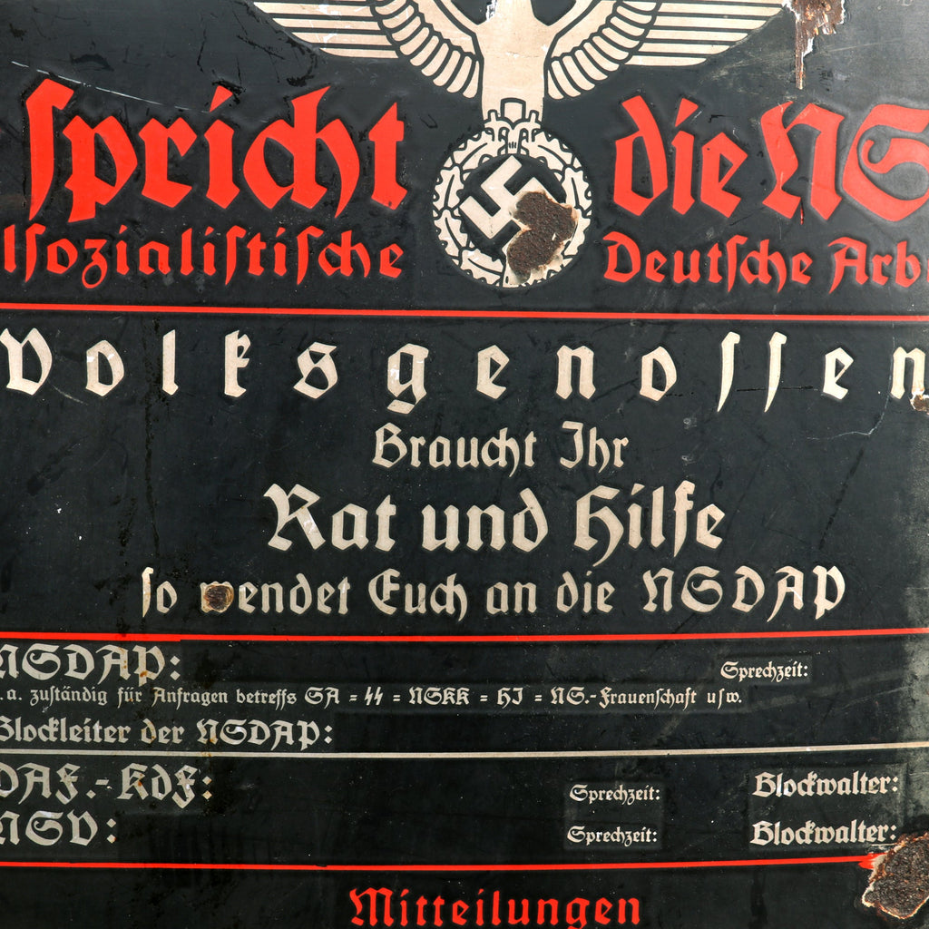Original German WWII Enameled Steel "Sign der NSDAP" 25 ¼" x 30 ⅝" Pub ...