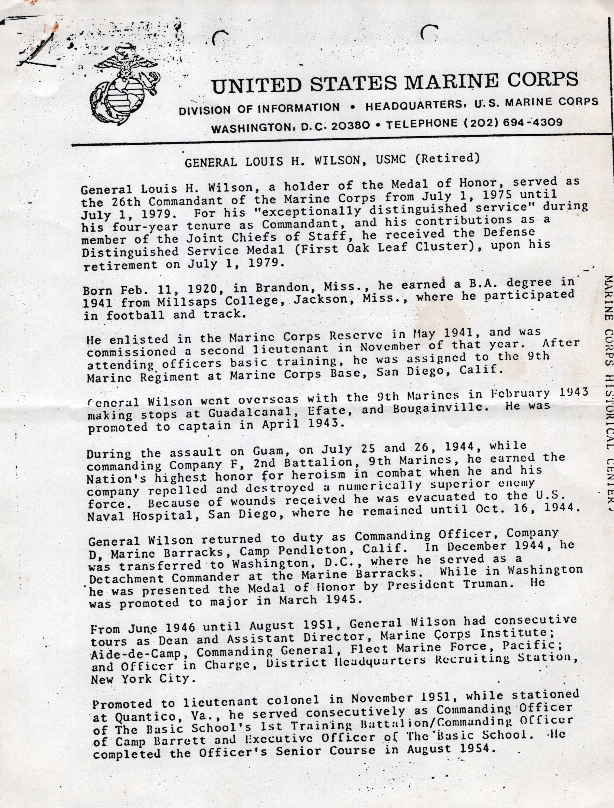 Original U.S. WWII U.S.M.C. Commandant General Louis Wilson Medal of H ...