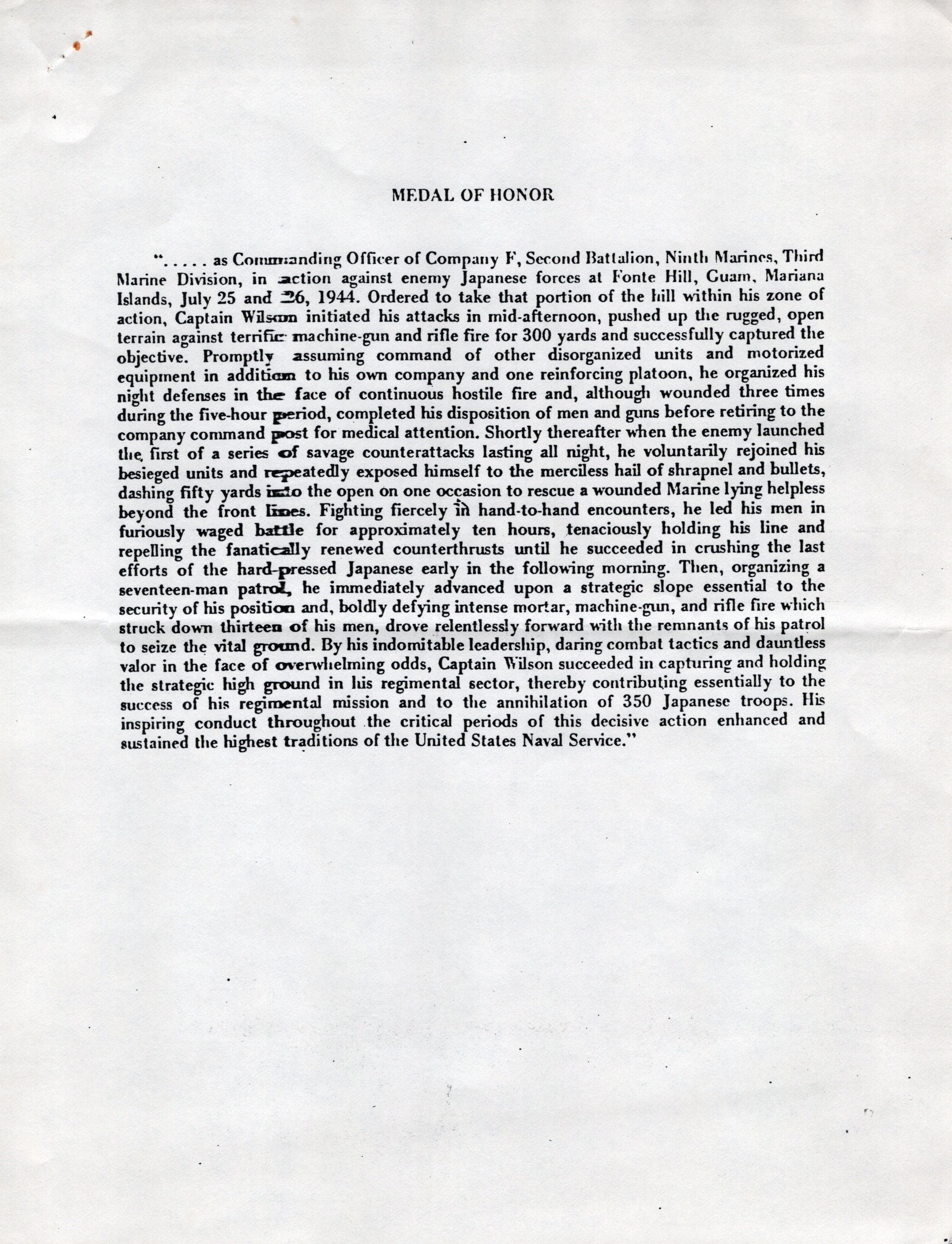 Original U.S. WWII U.S.M.C. Commandant General Louis Wilson Medal of H ...