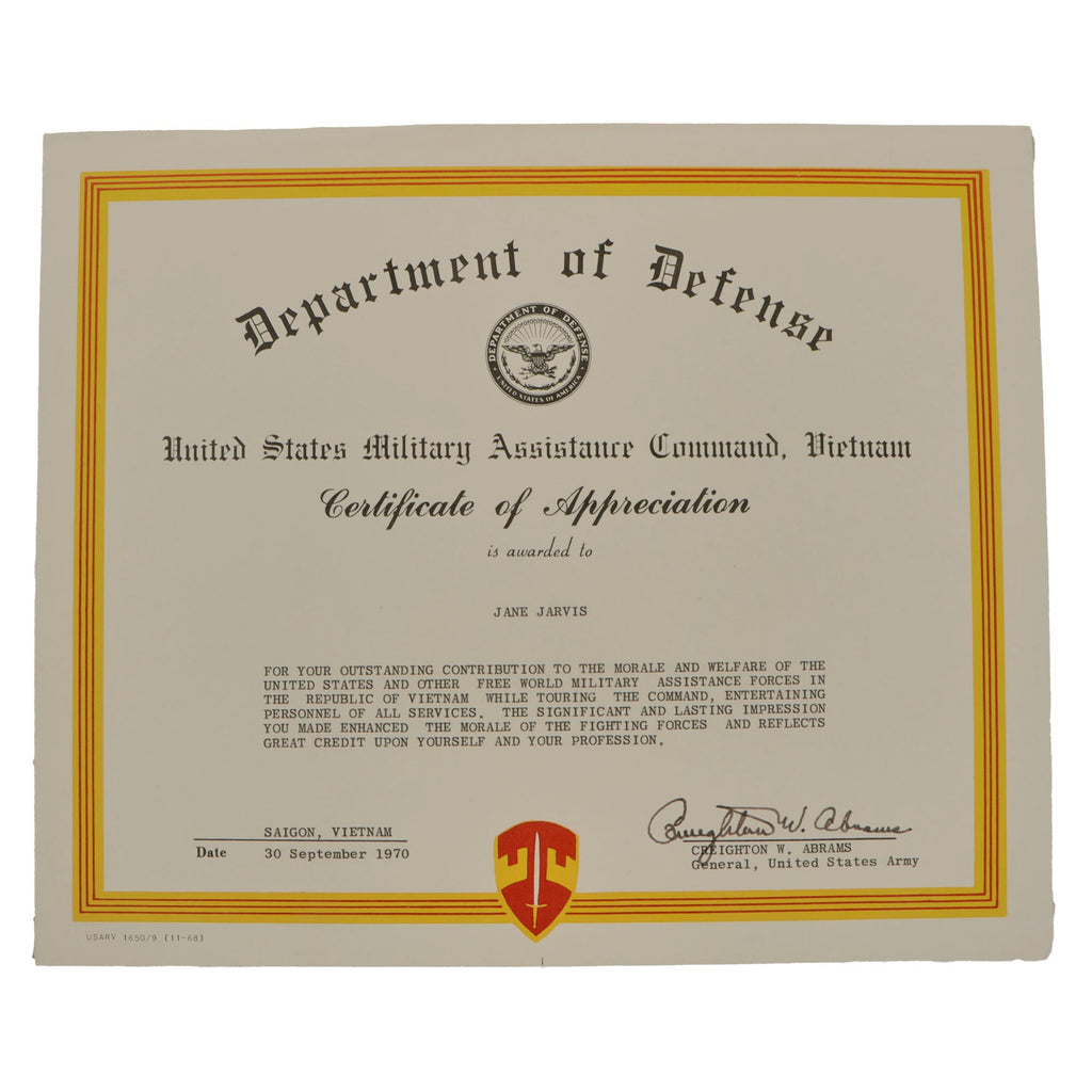 Original U.S. Vietnam War Certificates of Appreciation for USO Enterta ...