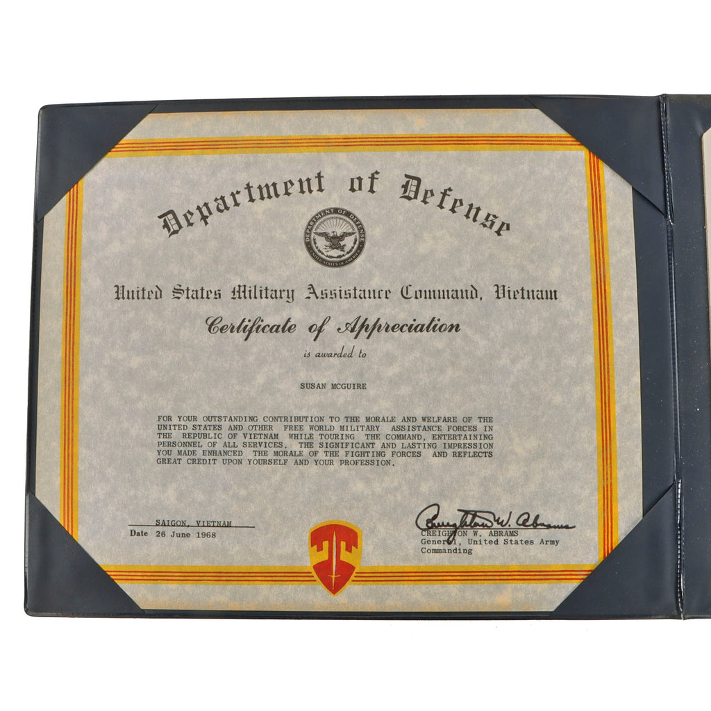 Original U.S. Vietnam War Certificates of Appreciation for USO Enterta ...