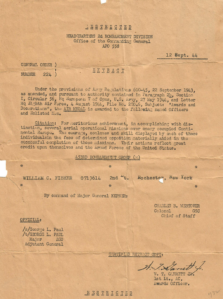 Original U.S. WWII 453rd BG 8th Air Force Air Medal Citation & Insigni ...