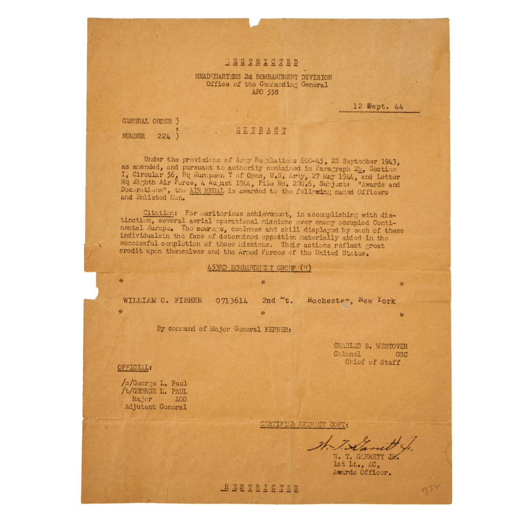 Original U.S. WWII 453rd BG 8th Air Force Air Medal Citation & Insigni ...