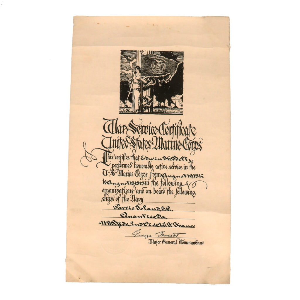 Original U.S. WWI USMC Wound Certificate, War Service Certificate, & F ...