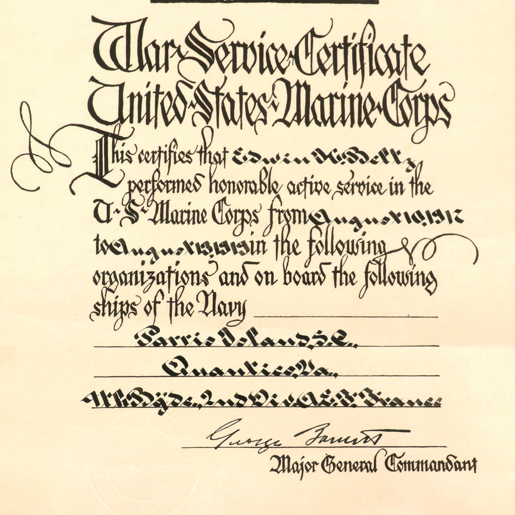 Original U.S. WWI USMC Wound Certificate, War Service Certificate, & F ...