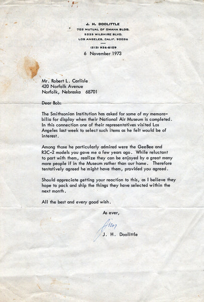 Original U.S. General James “Jimmy” Doolittle Signed Letter For Person ...