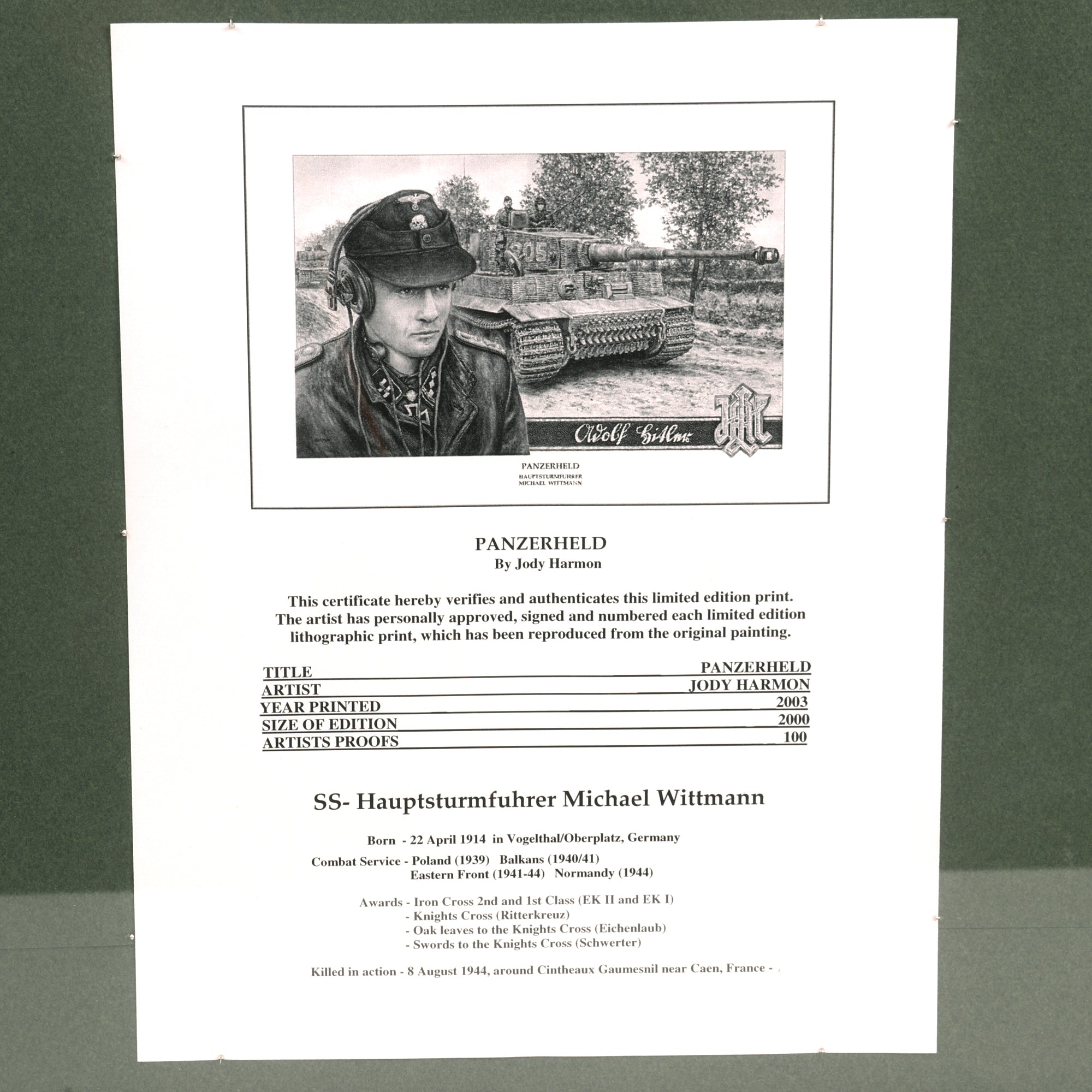 Original Signed Artist Proof of "Panzerheld" by Jody Harmon showing Ge ...