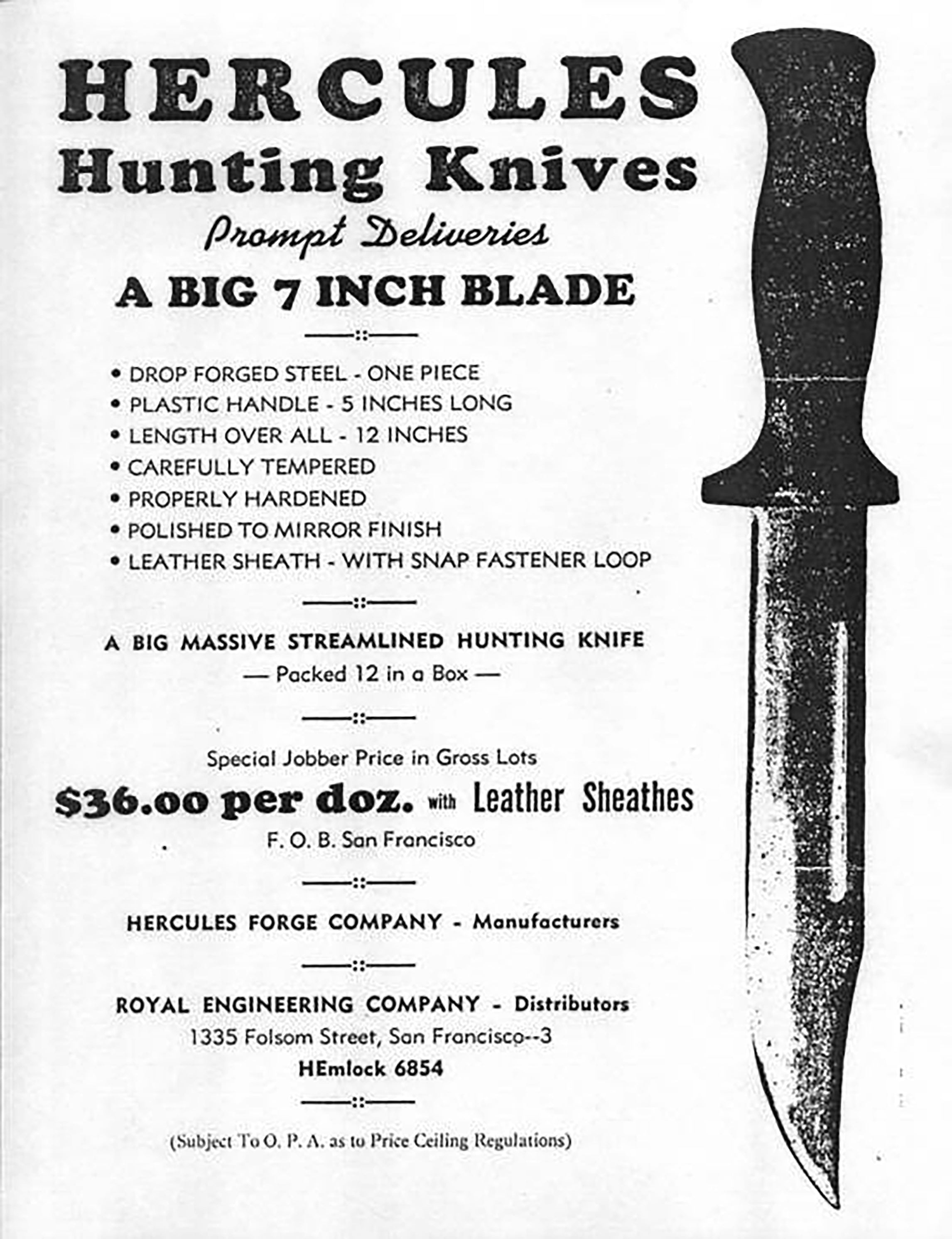 Original U.S. WWII Hercules Forge Company Hunting Knife with Style Mol ...
