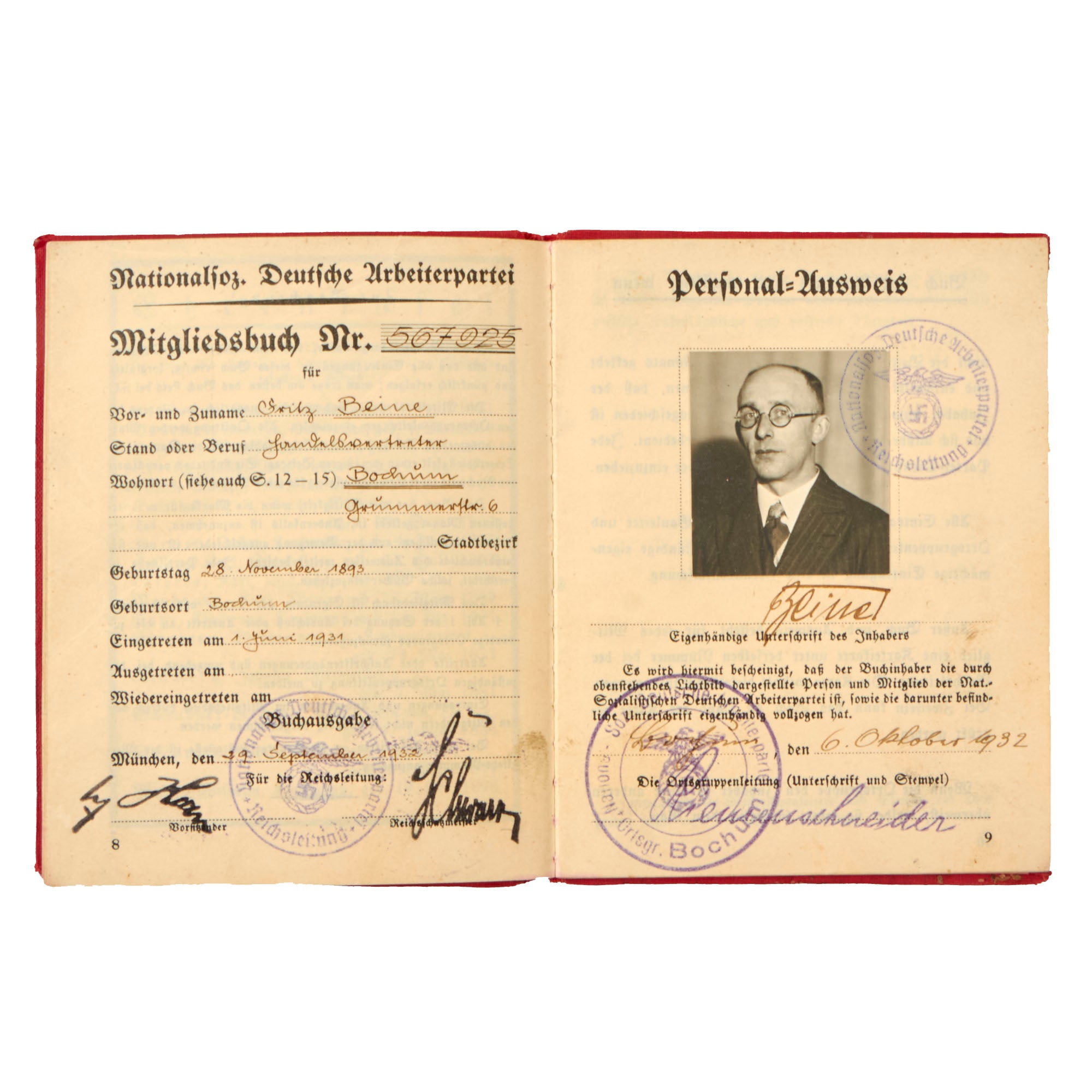 Original German Pre-WWII NSDAP Membership Book for Fritz Beine of Boch ...