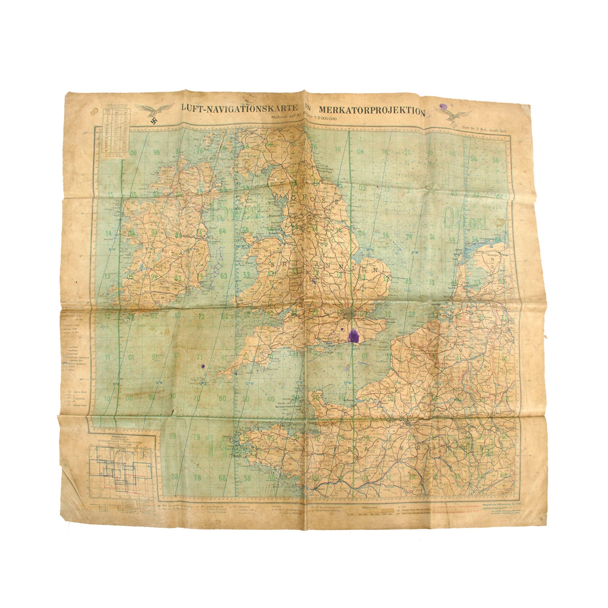 Original German WWII Luftwaffe Double-Sided Flight Navigator Map of En ...