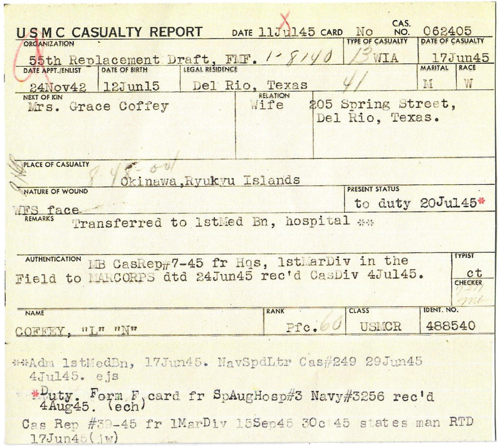 Original U.S. WWII USMC Okinawa Purple Heart Grouping with 1st Marine ...