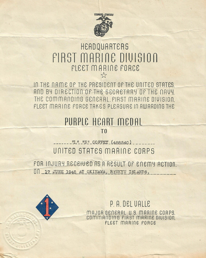 Original U.S. WWII USMC Okinawa Purple Heart Grouping with 1st Marine – International Military ...
