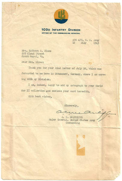 Original U.S. WWII Major General Anthony C. McAuliffe Signed Letter on ...