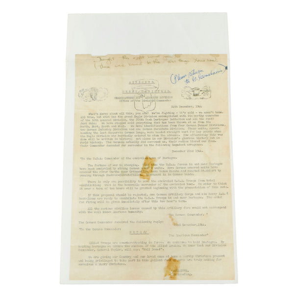 Original U.S. WWII Bastogne “NUTS!” General McAuliffe 1944 Christmas L ...