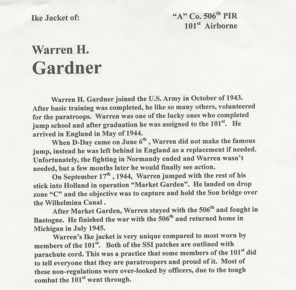 Original U.S. WWII 101st Airborne 506th PIR Named Uniform Grouping ...