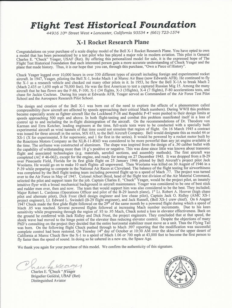 Original U.S. Cold War Chuck Yeager Signed X-1 Plane, Print and Photo ...