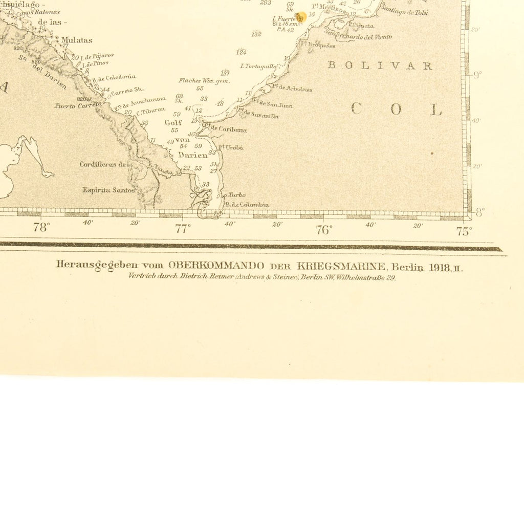 Original German WWII Kriegsmarine U-Boat Map of Caribbean Sea - Battle ...