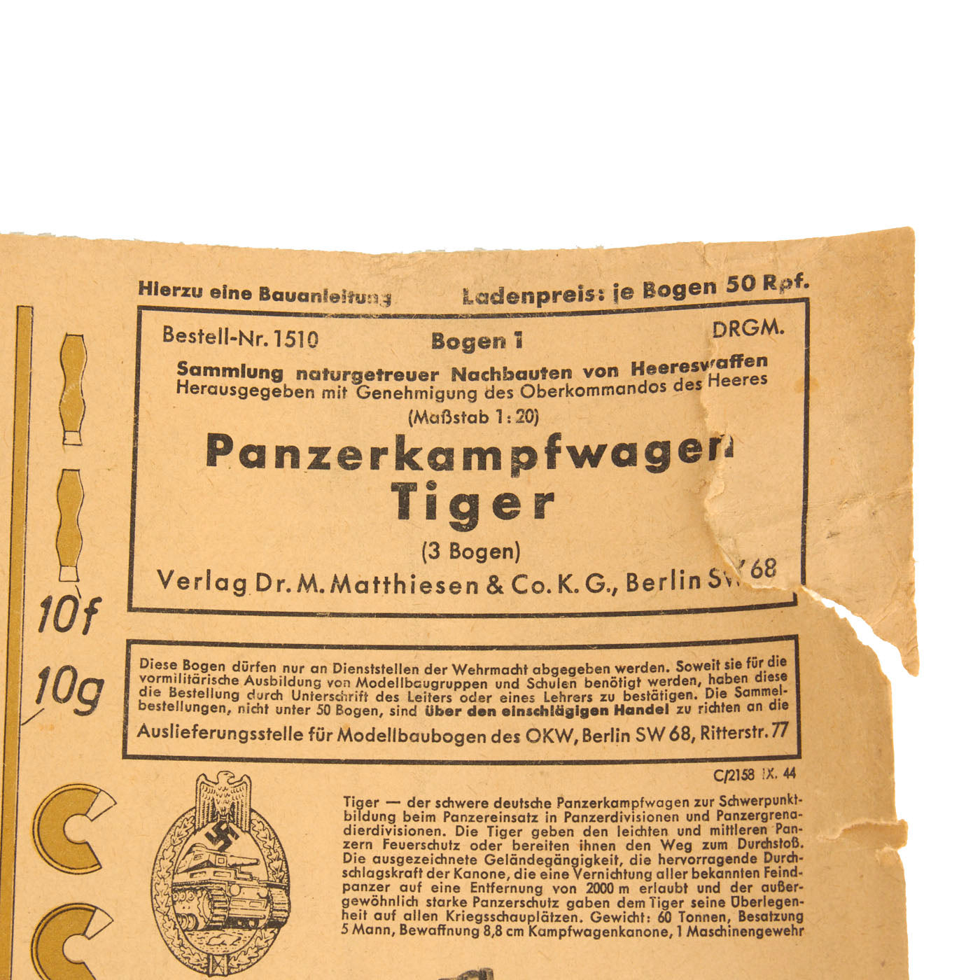 Original German WWII Unused Panzerkampfwagen Tiger Complete 1:20 Scale ...