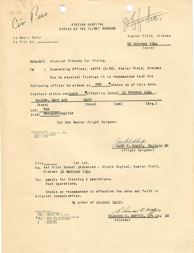 Original U.S. WWII Women Airforce Service Pilots W.A.S.P. Document Hea ...